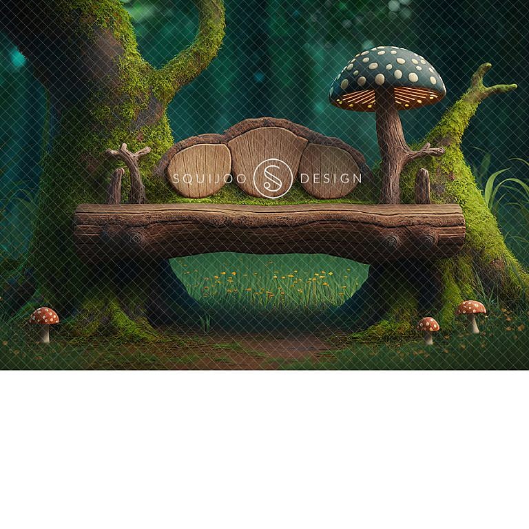 Whimsical Mushroom Bench Digital Backdrop – Forest – Squijoo.com